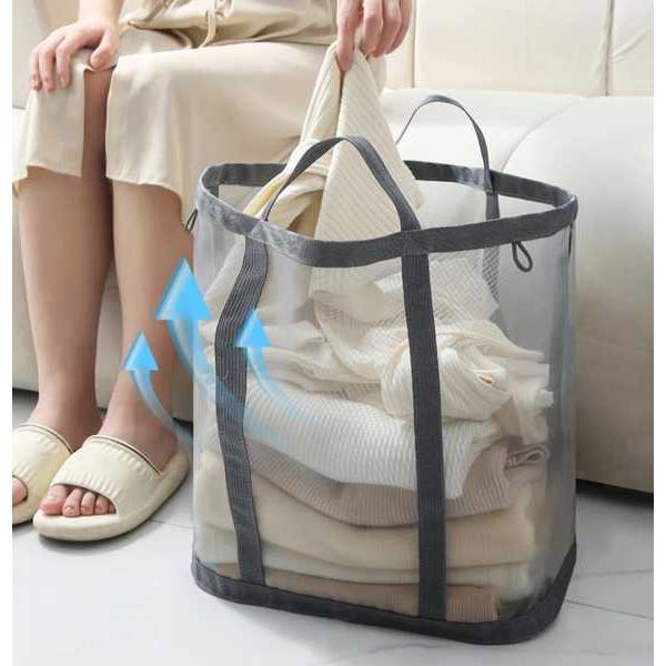 製品名: 大容量汚れた衣類バスケットカラー：ブラック、グレー素材: ナイロンメッシュサイズ: 40*25*41 センチメートル説明: 家庭用汚れた衣類バスケット大容量メッシュバスルーム、ポータブル折りたたみ式汚れた衣類ランドリーバスケット、...