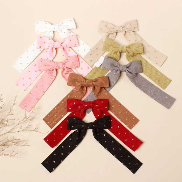 女の子と子供のブティックのヘアクリップとアクセサリーに適した、ゴールドドットロングテールのコーデュロイボウヘアクリップの3ピースセットプロジェクトタイプ: ヘアクリップシナリオ: デイリー &amp; パーティ特徴: 金色の照明コアベルベッ...