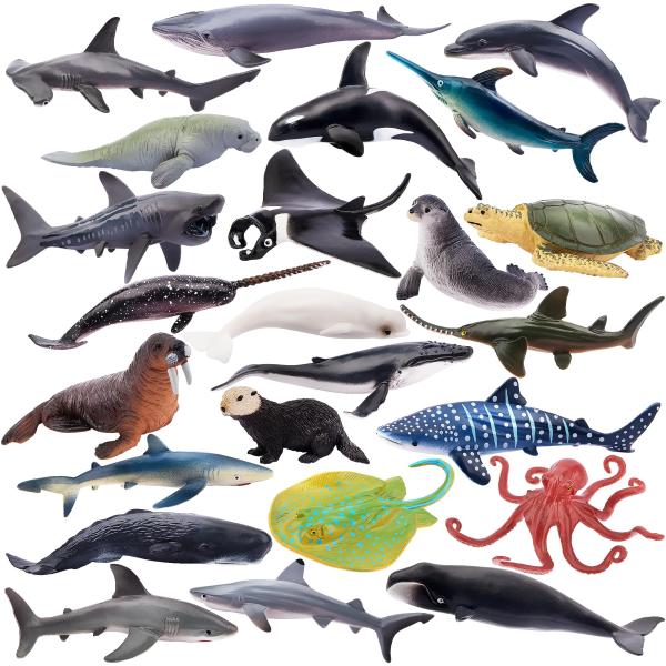 スタイル：24P海洋生物豊富なセット内容・24種類入：海底動物の世界を探索するには、誰もが興味を持っています。この海洋生物フィギュアを持って、あなたの探索の旅を始めましょう！シロナガスクジラ、ジンベエザメ、イッカク、セイウチ、アザラシ、ラッ...