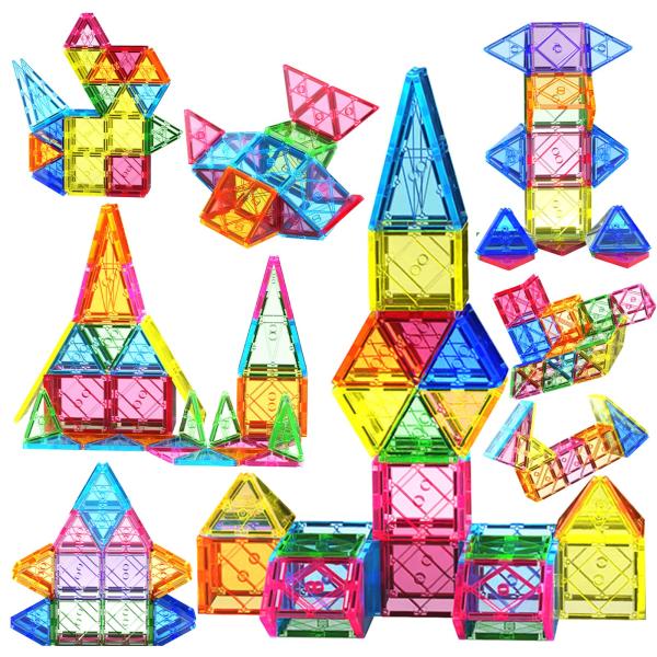 [64PCS透明カラーで創造無限！]HIWOマグネットブロックは、7色透明カラーの正三角形、二等辺三角形、正方形64ピースセット。光を通すキラキラ感で、3?8歳の子供がお城やロボットを創り出す！日本語説明書で簡単スタート。[安全なABS素材...