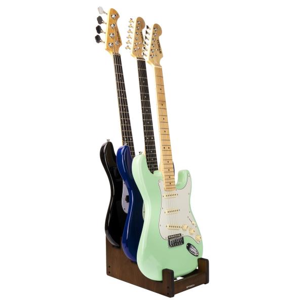 カラー：ウォルナット色【革新的な階層構造】STRICH GS-Lシリーズギタースタンドは3つのギターを同時に安全かつ安定して展示することができます。階層状のレイヤーはギターの表裏を展示し、安全性を確保します。接触面には傷をつけない柔らかいE...