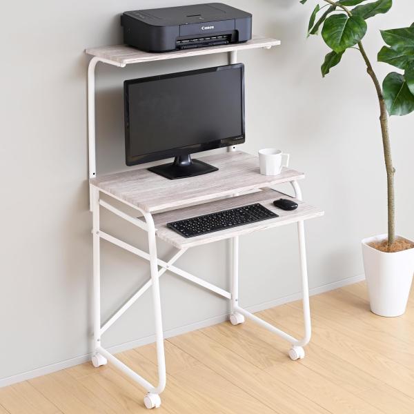 カラー：アンティークアイボリーサイズ：幅65×奥行49×高さ116/122cm【縦の空間を有効できるパソコンデスク】上棚付きなのでデスク上のスペースを有効活用できます。プリンターや本、小物、飾りなど収納・ディスプレイスペースにぴったり。また...