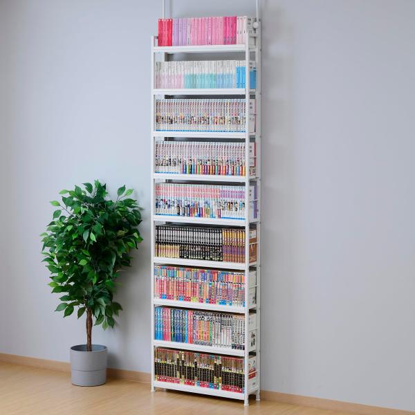 カラー：ホワイトサイズ：幅61【スリムでも大容量】奥行15.5cmなので狭いお部屋でも圧迫感なく使え、なおかつ単行本を最大約310冊収納できる大容量のラック【突っ張り式で壁面収納のできあがり】突っ張り式なので天井近くまで収納として有効活用で...