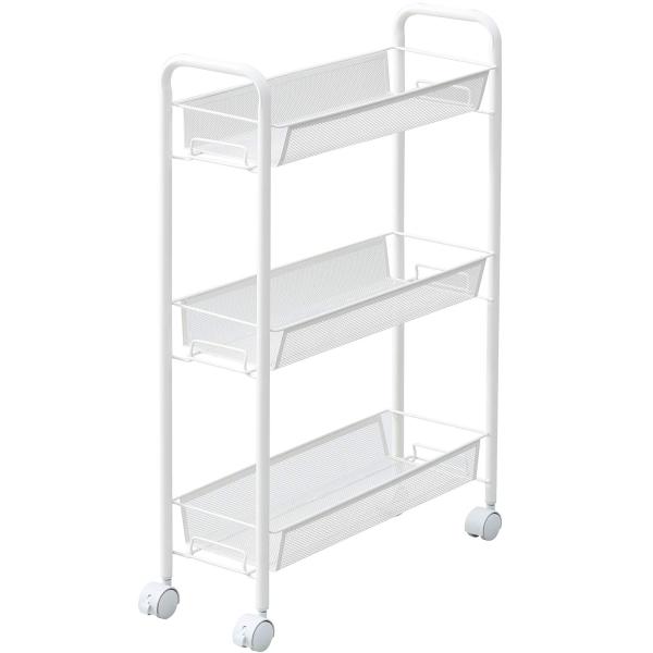 カラー：マットホワイトサイズ：3段(幅19cm)スタイル：三段式お客様組立品(組立かんたん)本体サイズ:幅18.5×奥行49.5×高さ76.5cm材質:スチール(粉体塗装)バスケット内寸:幅15×奥行42×高さ6.5cmバスケット間内寸:高...