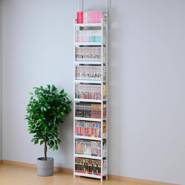 カラー：ホワイトサイズ：幅41【スリムでも大容量】奥行15.5cmなので狭いお部屋でも圧迫感なく使え、なおかつ単行本を最大約200冊収納できる大容量のラック【突っ張り式で壁面収納のできあがり】突っ張り式なので天井近くまで収納として有効活用で...