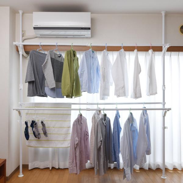 カラー：ホワイトサイズ：ダブル(ワイド/下段2本)スタイル：ダブル(ワイド/下段2本)お客様組立品(組立かんたん)本体サイズ:幅120-210×奥行24×高さ155-255cm原産国:韓国耐荷重:バー1本あたり15kg、全体で45kgハンガ...