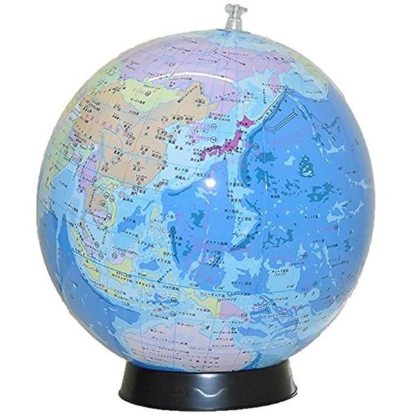 カラー：ブルー、緑、その他台座（スタンド）＆世界の国旗ポスター付【サイズ】球径約30cm【素材】本体：ビニール（PVC）、台座（スタンド）：ABS、国旗：紙