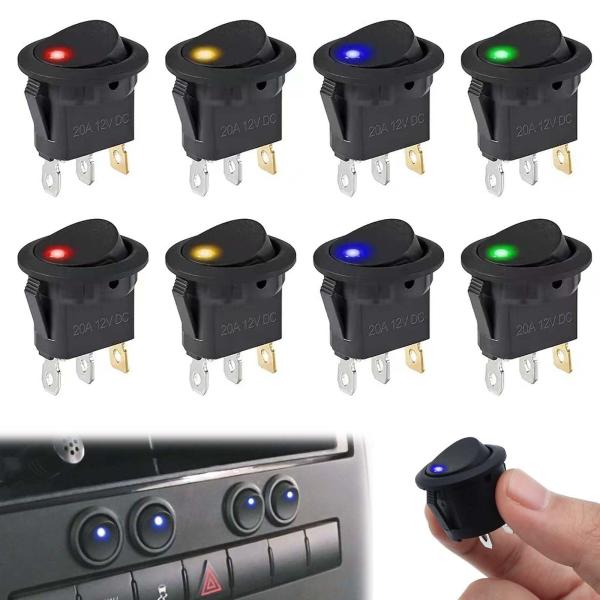 ?【商品仕様】ロッカースイッチ*8個。 色：赤、青、黄、緑、4色入。サイズ：約19mm*23mm。?【高品質な素材】丈夫な素材で作られており、耐久性と取り付けが簡単です。12V / DC 20Aの入力で、SPST極性の3ピンタイプです。スイ...