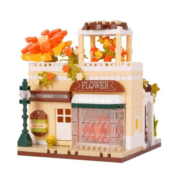 カラー：花屋【可動なかわいいハウスミニブロック】花屋、ゲームプレイ店、二つのマイクロブロック。可動な構造、店が開と閉二つの状態を展示できる。花、クマ、ゲーム機、透明なショーウィンドウ、車など、かわいいディテールが満載です。【エコ素材●組立し...