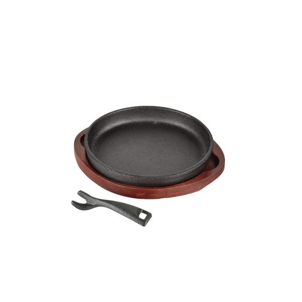 カラー：ブラックサイズ：丸型16cmスタイル：単品製品サイズ:(約)ステーキ皿/外径17×高さ2.5cm、木製プレート/幅20.5×奥行17.5×高さ1.5cm製品重量:(約)ステーキ皿/0.9kg、木製プレート/0.1kg、ハンドル/0....