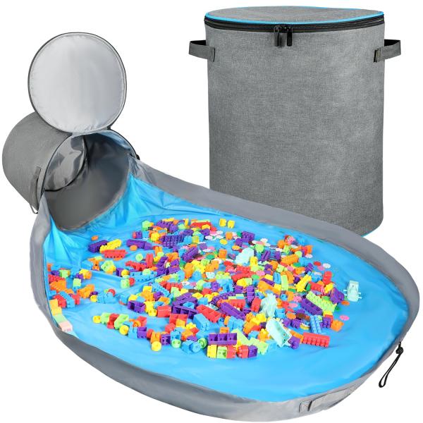 カラー：ライトグレー【折り畳み式・大容量】玩具収納ボックスのサイズ：約34cm× 34cm× 高41cm、重さは620Gです。プレイマットの最大直径は140CM、遊ぶ時に広げてそのまま使えます。使わないときは玩具収納ボックスを折り畳みて部屋...