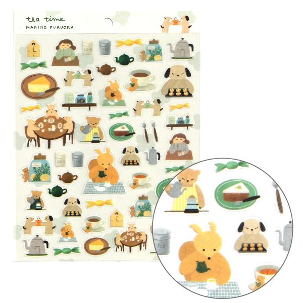 福岡麻利子デザインのかわいい透明シール。ゆるいタッチで描かれた動物たちになんだか癒やされます。手帳やノートなどのデコレーションに。■シールシートサイズ：138 × 170 mm■素材：PET