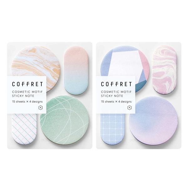 コスメモチーフの付せん「コフレ」。コスメパレットのような見た目のおしゃれな付箋です。裏面がグレー色で、付せんの下の模様や文字が透けにくいので重ねて貼ってもOK手帳デコや、プレゼントに一言添える際などに活躍します。■付箋サイズ：（大）45×4...