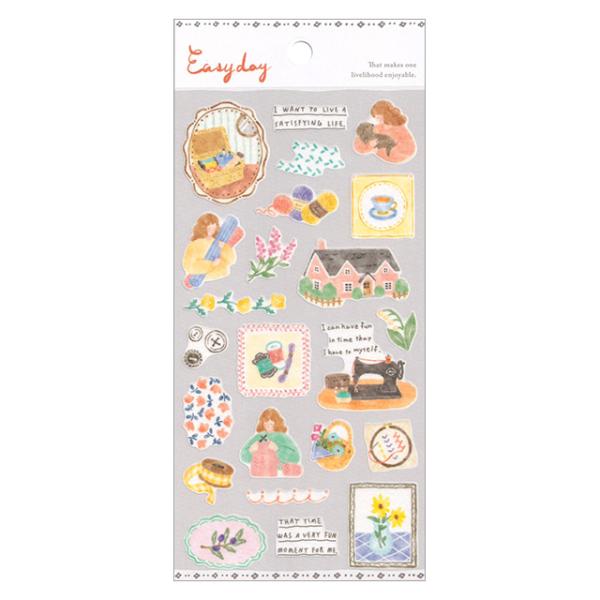 日常のゆったりした時間を描いたイラストシールです。飾り枠に囲まれたデザインはデコレーションの際にレイアウトが組みやすく、ボリューム感も出て華やかに仕上がります。手帳デコやコラージュにおすすめです。■パッケージサイズ：202×93mm■材質：...