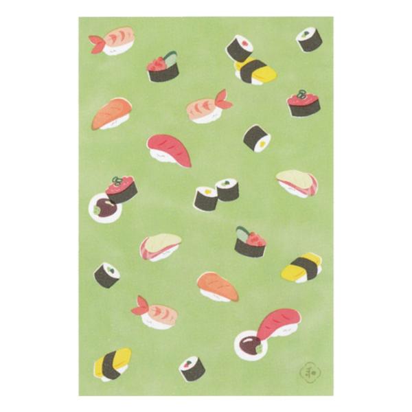 優しい色彩で描かれたお寿司のポストカードです。遠方の方へお祝いのメッセージを送る際や、プレゼントに添えるメッセージカードとして。■カードサイズ：148×100mm■裏面郵便番号枠なし■1枚入り◇メール便対応個数：最大30個