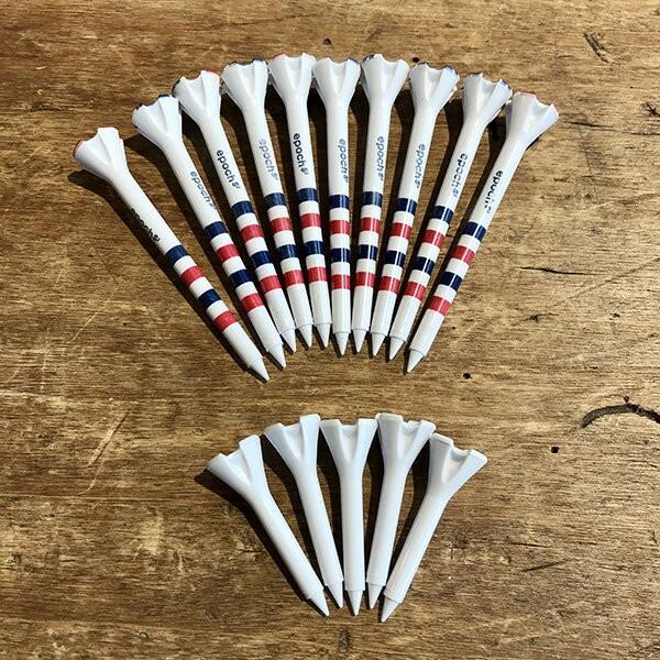 USAカラーデザインの皿に星条旗、シャフトがトリコロールカラーです。エポックティーの原材料は再生プラスティックと小麦などの炭水化物で作られたエコティーです。飛んで曲がらないティーと評価され、ツアーで多くの選手が使用し、マスターズでオフィシャ...