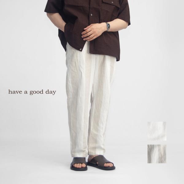 have a good dayから、遊び心のあるストライプ柄を軽やかに楽しめる綿麻イージーパンツをご紹介。ウエストはゴムとドローコードを備えたイージー仕様。前開きのないミニマルな作りで、ストライプ柄ながら派手すぎず、シンプルな夏の装いにぴっ...