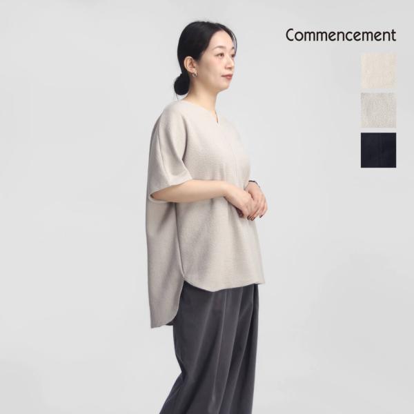 Commencement（コメンスメント）より、春夏にさらっと着られる、薄手で軽やかな梨地編みの半袖カットソーをご紹介。ゆったりとしたシルエットと、首回りも大きく開いているのでレイヤードのしやすいデザイン。シャツやカットソーとの重ね着はもち...