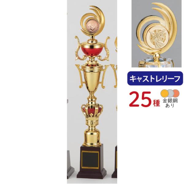 各種スポーツ大会など表彰式で使われる、上部にレリーフがついたトロフィーです。レリーフの種類はクリアメダル・キャストレリーフ・アルミレリーフがあります。記念品やレプリカなどに最適です。種目は、以下の25種類から選べます。いずれも金・銀・銅があ...