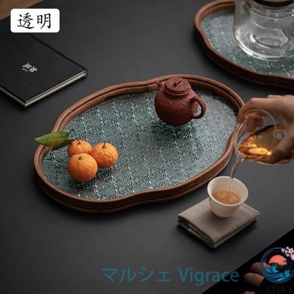 花海堂柄 トレー 茶席 トレイ ガラス 竹製 お盆 茶台 茶盤 レトロ おしゃれ インテリア 小物入れ 茶道具 中国茶器 急須受台 急須置き ティートレー お家 カフェ