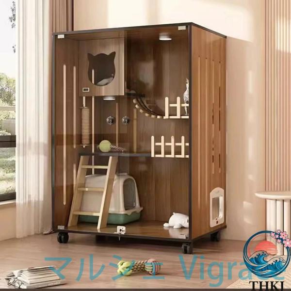 【製品詳細:】商品サイズ(約)：90x60x120cm/35.4x23.6x47.2in(長さ×幅×高さ)重量：48kg素材：天然木ドア：強化ガラス耐荷重：ステップ：10kg、天板：20kg組み立てるかどうか: はい対象動物：5kg未満の猫...