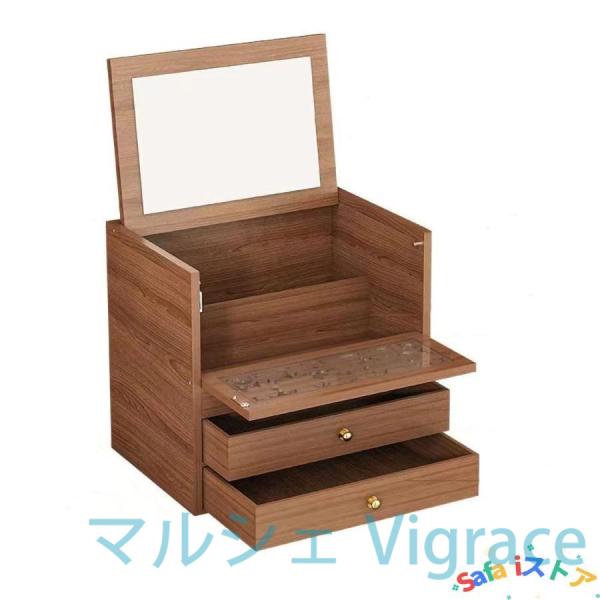 サイズ：約30CM*21.6CM*27.5CM。材質：木製。本体重量:約3kg。【女性に嬉しい鏡付き】鏡でしっかりメイクを確認できます。【コンパクトだけど大容量】収納に困るコスメをまとめて収納できる、大容量卓上コスメボックス。組み立てなしで...