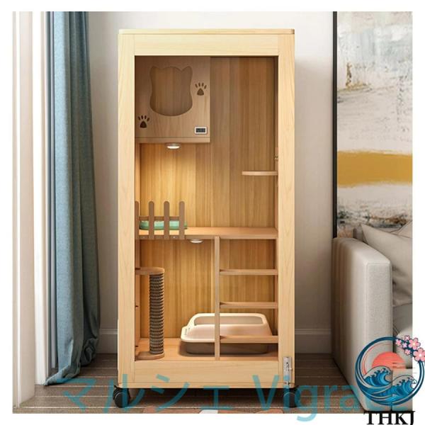 ? 全無垢材の猫用ケージ：猫用ケージ全体は松材でできており、両側に換気バーがあり、防湿性と通気性があります。 見た目も美しく、鉄製の猫ケージよりも安定感があります。 休憩エリア、食事エリア、運動エリアも含まれています。? 広い視野面：前面全...