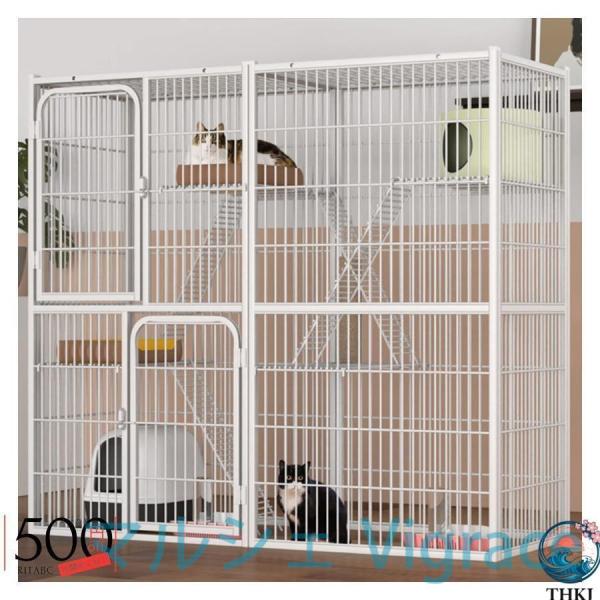 特大猫用ケージ：このケージは非常に広いスペースがあり、最大5匹の猫を収容して一緒に暮らすことができます。 3階建てのスペースで、休憩所、スポーツエリア、飲食エリア、トイレエリアがあります。 素晴らしい高さと広い幅。 猫は快適に暮らすことがで...
