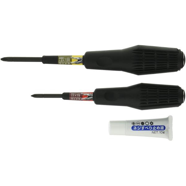 カラー：ブラックサイズ：2本組+ネジ滑り止め液スタイル：スタンダードセット内容:ドライバー/+1×75、+2×100、ネジすべり止め液