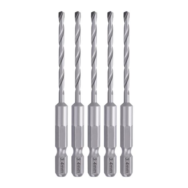 サイズ：3.4mm-5個セット【超硬ドリル】ドリル本体は耐磨耗性・耐衝撃性に優れた超耐熱特殊鋼で作られて、優れた耐久性を実現します。超硬タングステンチップ（刃先）付いて、六角軸一体切削加工により、より一層の切れ味を追求しています。【回転・振...