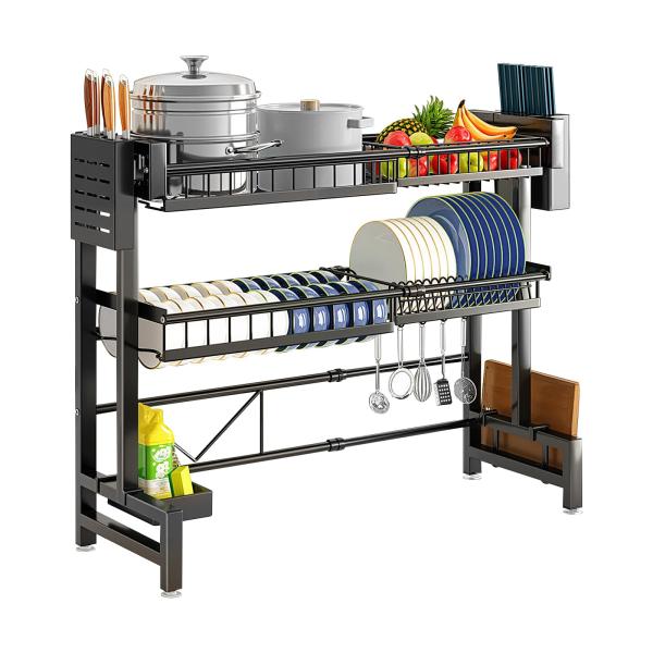 カラー：ブラックサイズ：シンク上二段式伸縮【調節可能なディッシュラック】水切りラックの長さは60cmから100cmまで自由に調節可能！高さ73cm、幅27.5cmのシンク上方のスペースを効率的に利用する水切りラックです。キッチンのカウンター...