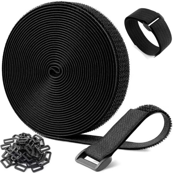 【6M荷締めベルトと30個バックル】幅25mmの締めベルトと30個のプラスチックバックル。ベルクロは6mロールから任意の長さにカットし、プラスチックバックルを接続してループを形成し、耐荷性が高くて、再利用可能です。【高品質生産】マジック結束...