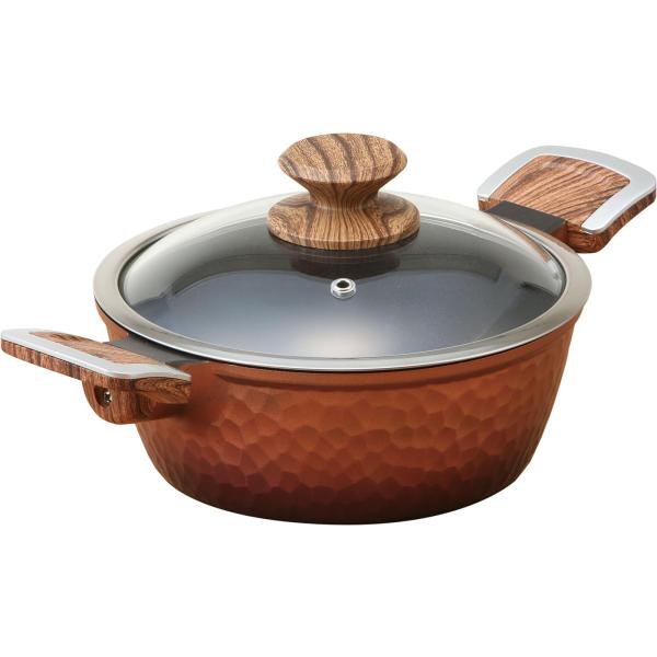 カラー：ブロンズサイズ：20cmスタイル：両手鍋サイズ(約):337×208×97mm、容量:1.9L本体重量(約):1110g素材・材質:本体/アルミキャスト、本体加工/槌目・塗装、内面樹脂/フッ素樹脂塗膜加工生産国:中国対応熱源:ガス火...