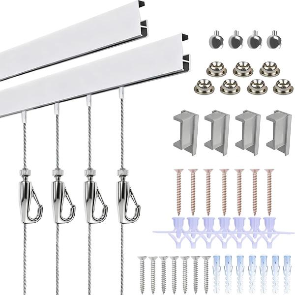 【商品概要】★【安全耐荷重】：40kg。注：壁面取付専用です。★【フック追加可能】：レールワイヤー底部の小球は取り外し可能で、取り外すだけで複数のフックを追加できます。★【付属品】：ピクチャーレール本体1m*2本、ピクチャーレールワイヤー1...