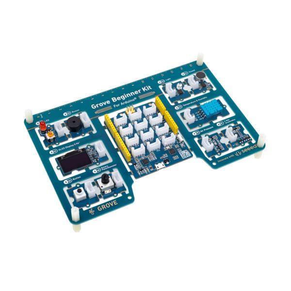 【商品概要】【オールインワンキット】Arduino用Grove初心者キットは、Arduino UNO互換ボード(ATmega320pベースのSeeeduino Lotus)と、LED、ブザー、OLEDディスプレイ、ボタン、ロータリーポテンシ...