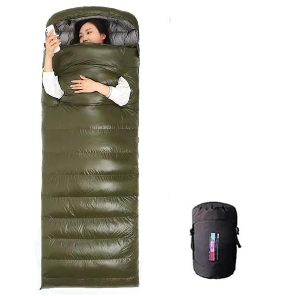 【商品概要】【ゆったり眠れる封筒型寝袋】保温性や通気性が大変優れ 、膝を曲げたり、足を動かしたりすることができ、下部が窮屈感ない自由に動かせるスペースがあり、オールシーズンに活用できる400-2000gダウン詰め封筒型寝袋です。【手足が出せ...