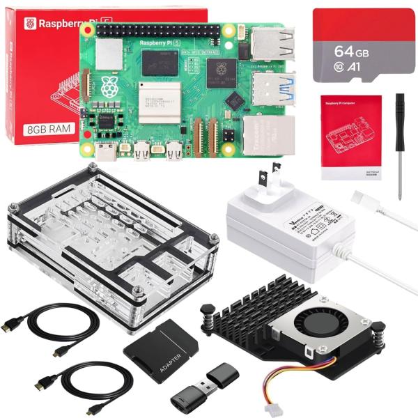 【商品概要】【セット内容】Raspberry Pi 5 8GB ボード*1(技適マーク付き)、64GBメモリーカード*1、アクリル9層ケース*1、アクティブクーラー*1、カードリーダー*2、USB Type-C電源アダプター*1、Micro...