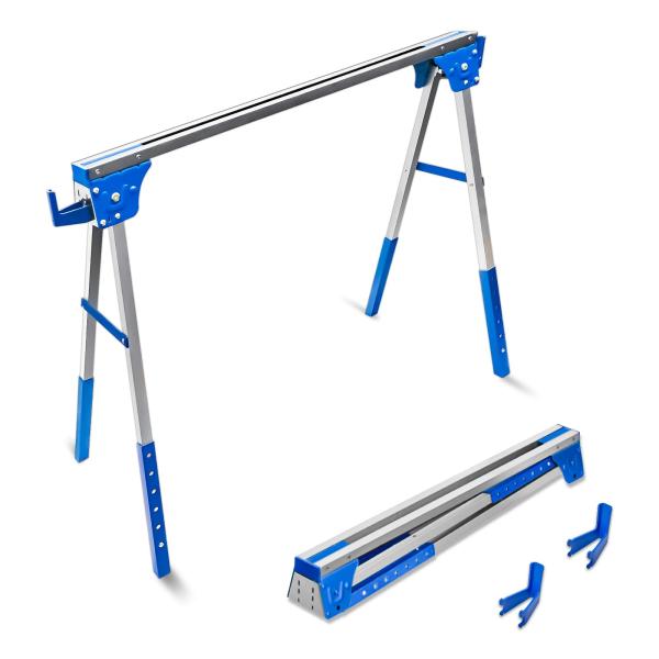 【商品概要】【商品詳細】折り畳み式ソーホース２個セット。サイズ(展開時):78×43×(72.6〜89)cm。サイズ(収納時):78×10.7×9.7cm。耐荷重:500LBS(1個あたり)。材質:スチール。カラー:ブルー&amp;シルバー...