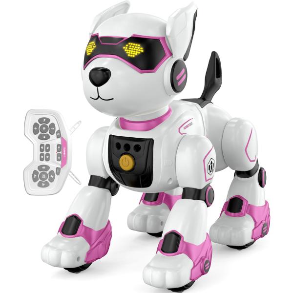【商品概要】リモコンロボット犬：魅力的な特技を持つこのリモコン操作の犬型ロボットは、非常に柔軟で、4つの車輪を備え、内蔵されたLEDライトの目が子どもたちを引きつけます。この可愛い犬 ロボット、子どもたちと一緒に歌ったり、ダンスしたり、滑っ...