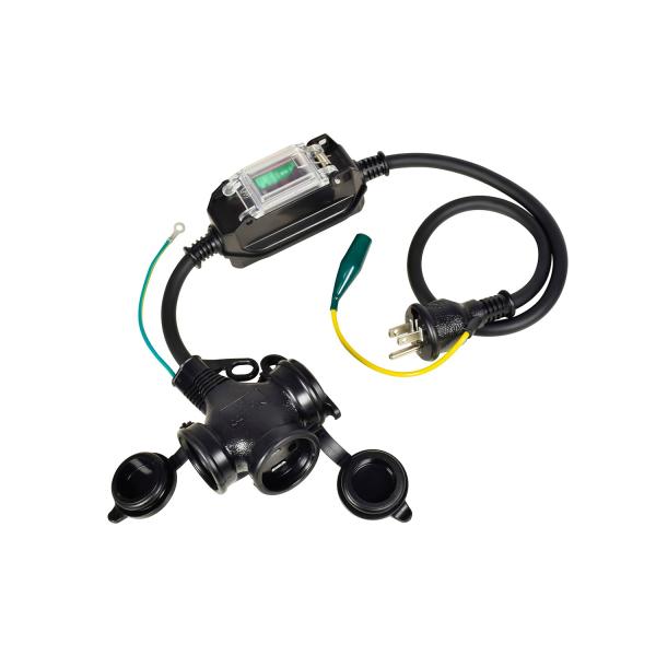 【商品概要】定格感度電流:15mA、定格周波数:50/60Hz漏電時作動時間:0.1秒以内電線:SVCT2.0mm2×3芯、電線種:極太ソフト電線電線長:(プラグ側)0.7m・(コンセント側)0.3m仕様:漏電保護専用・屋外型・防雨キャップ...