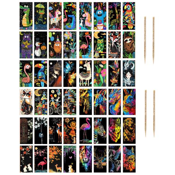 【商品概要】「商品仕様」素材：ペーパー、サイズ：長さ15.5cm*幅7cm、セット内容：スクラッチアート48枚、ペン4本、タイプ：多種類の動物「多種類の動物」48枚のスクラッチアートには、豊富な種類の動物が登場します。トラやライオン、可愛ら...