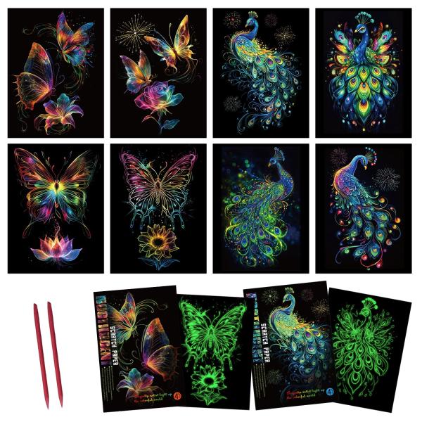 【商品概要】「商品仕様」素材：ペーパー。サイズ：31.5x25.2cm 。パッケージ内容：スクラッチアート×8（孔雀×4 + 蝶々×4）、スクラッチペン×2「素材について」：高品質な紙を使用しており、しっかりとした厚みがあるため、絵が傷つい...