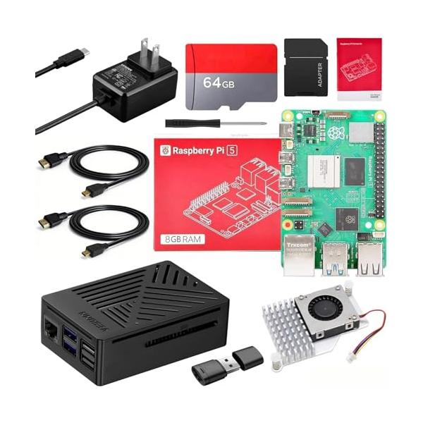 【商品概要】??【ラズパイ5キット内容】Raspberry Pi 5 8GB本体*1（技適取得済み）、64GBカード*1、ABSケース*1、アクティブクーラー*1、カードリーダー*2、27W GaN 電源アダプター*1（PSE取得済み）、M...
