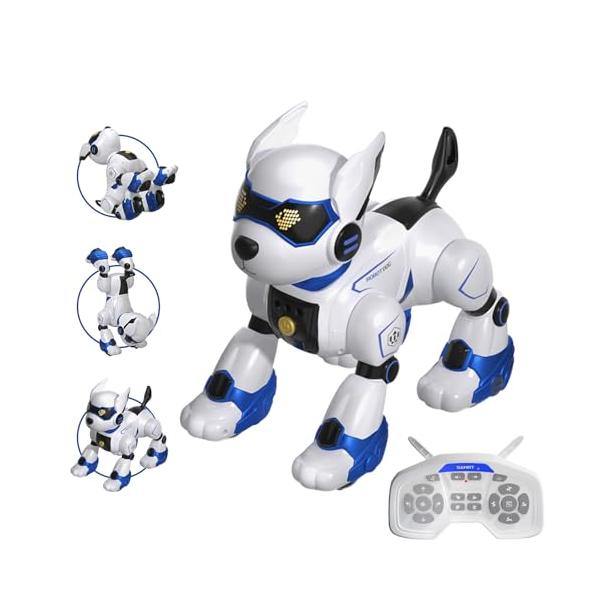 【商品概要】【 多機能 犬型ロボットおもちゃ 】 このロボット犬は、前後左右の移動、ダンス、音楽再生、英語音声認識、ジェスチャー操作、10種類の動物の鳴きまね、甘える動作、逆立ち、腕立て伏せ、お座り、簡易プログラミングなど、多彩な機能を搭載...