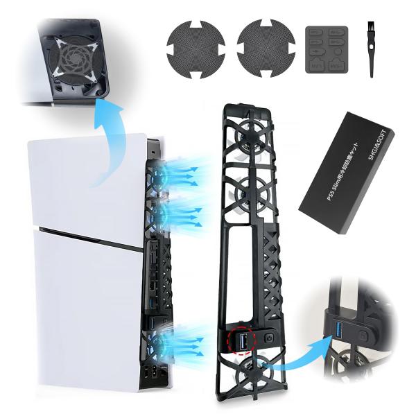 【商品概要】【製品内容】冷却ファン本体×1、PS5 Slim/Pro対応の防塵ネット×2、PS5 Slim/Pro対応の防塵プラグセット×1、クリーニングブラシ×1、日本語説明書×1。防塵ネットは密集ネット口から構成され、PS5 Slim/...