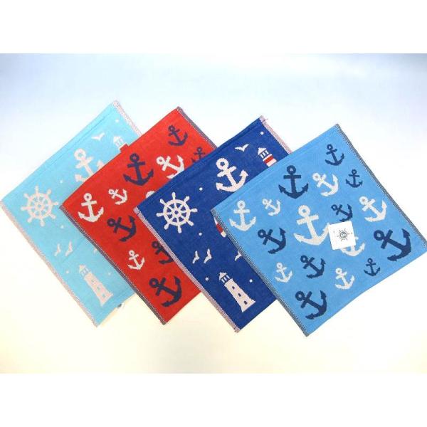 種類左から：・マリンライトブルー(在庫無し)・アンカーレッド・マリンネイビー(在庫１枚)・アンカーブルー(在庫１枚)サイズ：25×25cm　ジャガード織り/舵輪/浮輪/ヨット/灯台