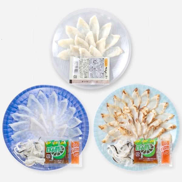 職人の手で盛り付けられた「とらふく刺身」、日本海で獲れたまふくを使用した「まふくたたき刺身」と「まふくカルパッチョ」。夏の食卓を華やかに彩る三種の美味しさの共演。■内容量とらふく刺身皿（とらふく刺身20g、とらふく皮湯引き10g、ぽん酢、も...