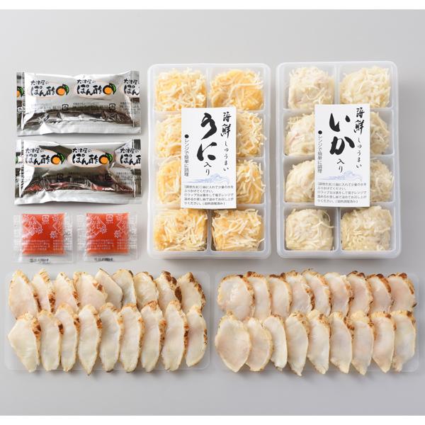 真ふくたたき刺しは、国産の真ふくの表面をこんがりと炙り、丁寧におろしています。炙ることにより、ふくのおいしさがギュッと閉じ込められ、自然解凍するだけで、お召しあがりいただけます。うに入りしゅうまい・いか入りしゅうまいは、電子レンジで温めるだ...