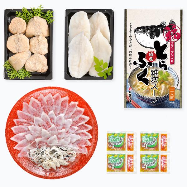 美しく盛り付けられた「とらふく刺身」と、やさしい塩味で調味した「ごまふく一汐」、香ばしい揚げ上がりの「ごまふく唐揚げ」などを詰合せました。内容量とらふく刺身60g、とらふく皮湯引き30g、ごまふく一汐150g、ごまふく唐揚げ150g、とらふ...