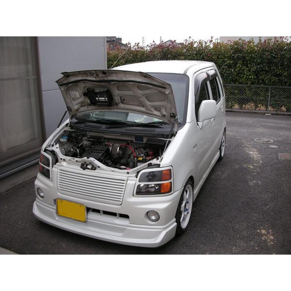 適合：　・ワゴンR　RR　リミテッド　MC21S　1999年登録　1型にて装着確認車種別特記事項：　・ボンネットの先端部がノーマルより約8cm大きく開きます。